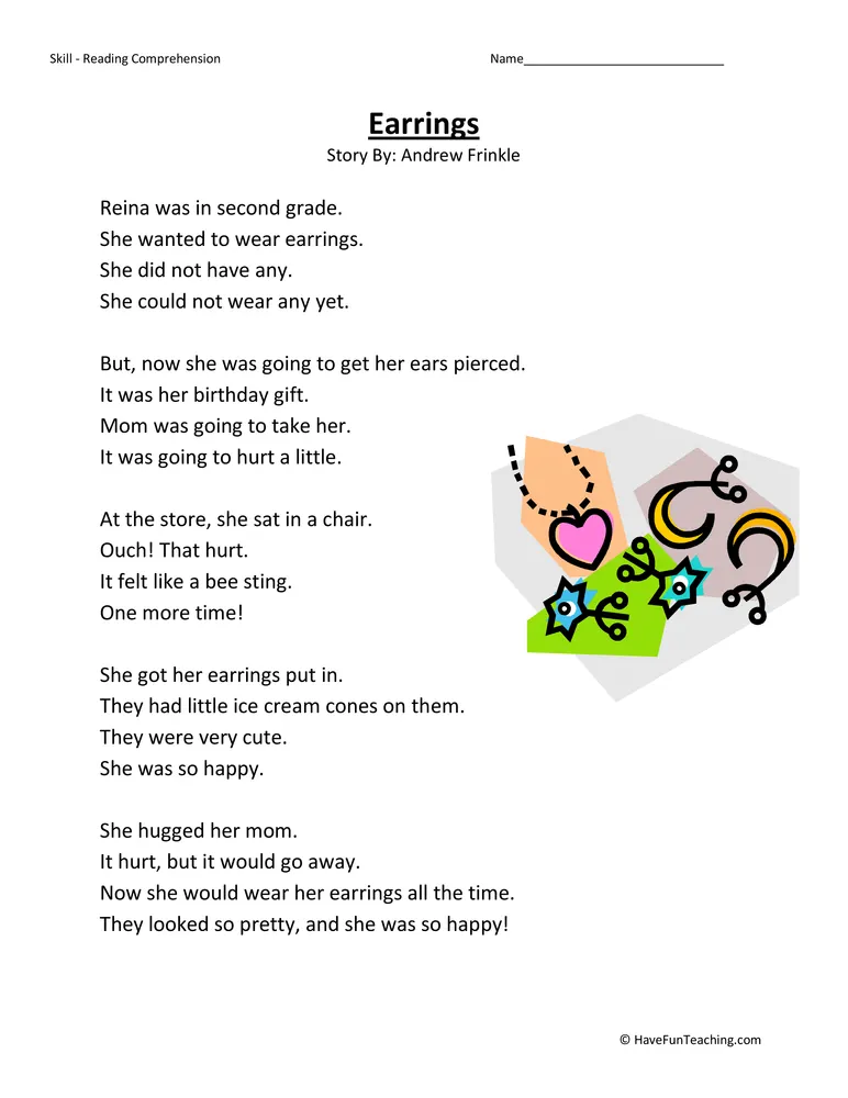 Earrings Reading Comprehension Worksheet by Teach Simple