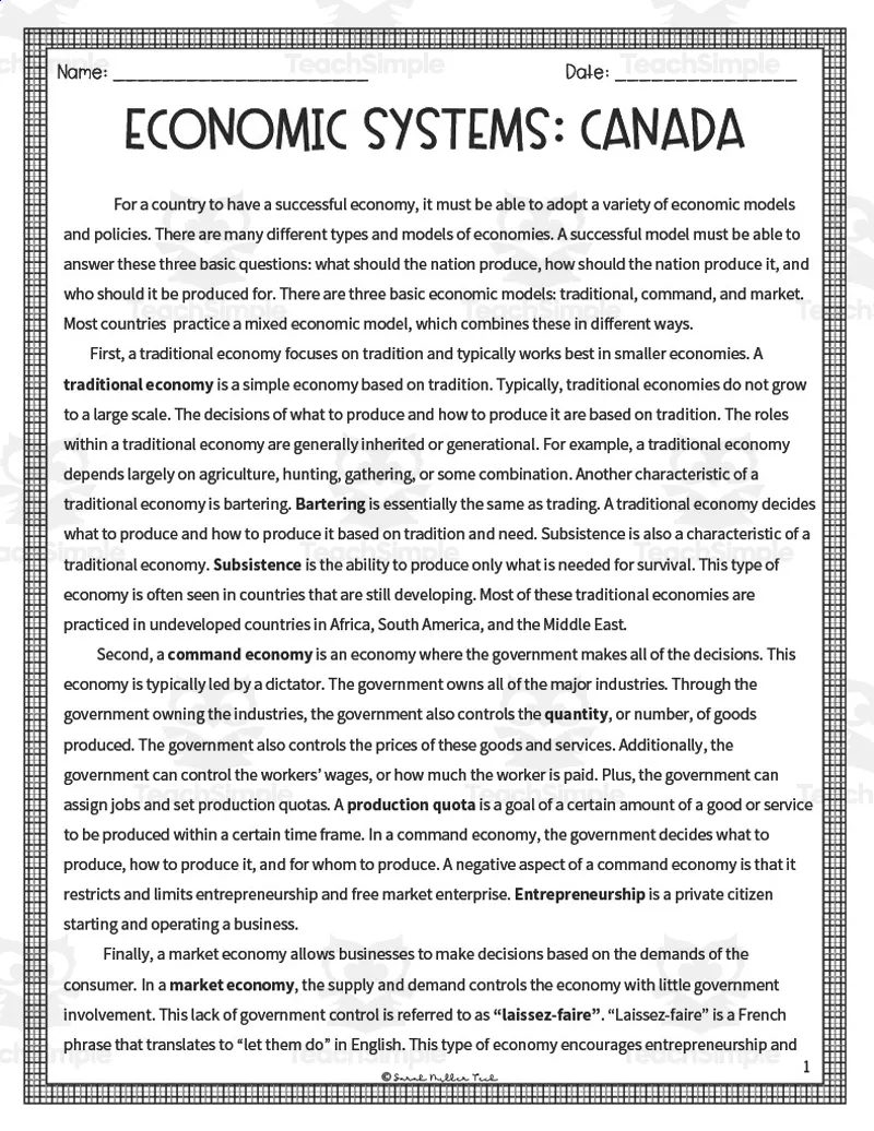 Economic Models in Canada Reading Packet by Teach Simple