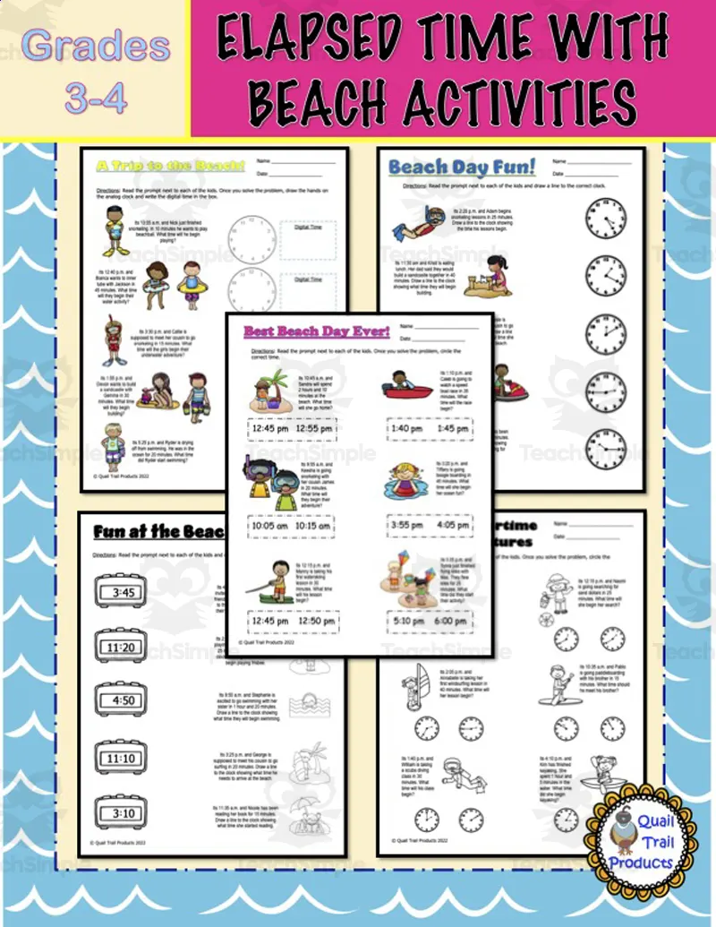 Elapsed Time Worksheets - Time for the Beach! by Teach Simple