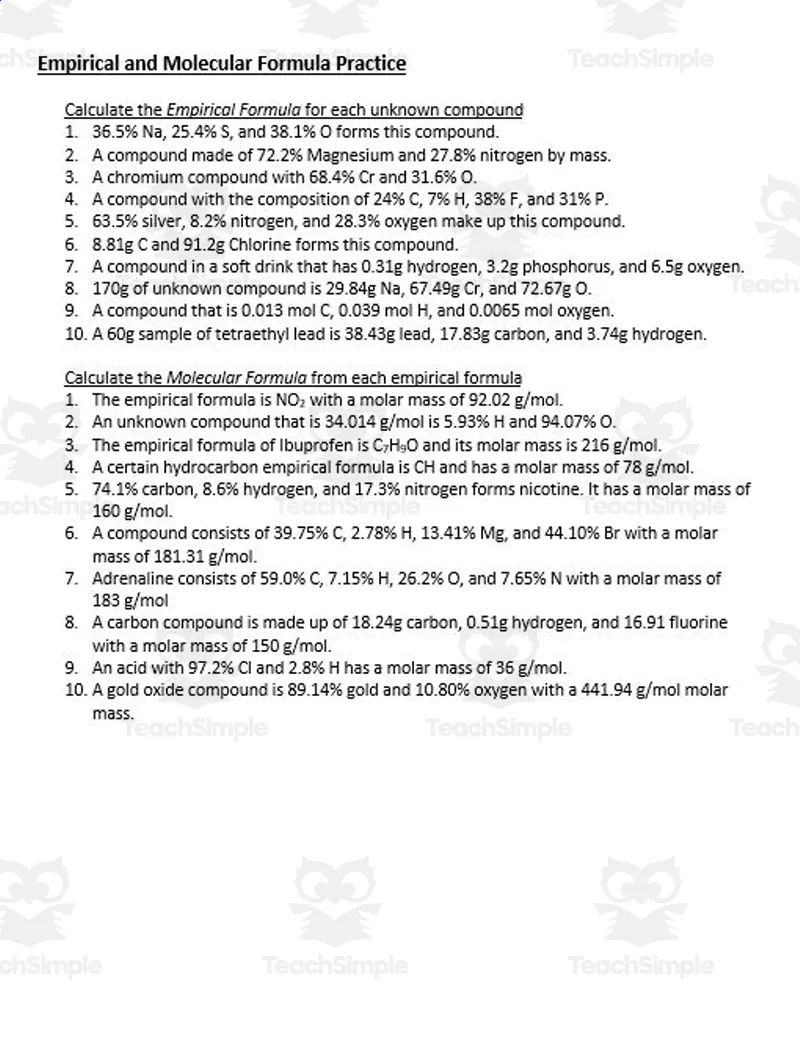 Empirical and Molecular Formula Practice by Teach Simple