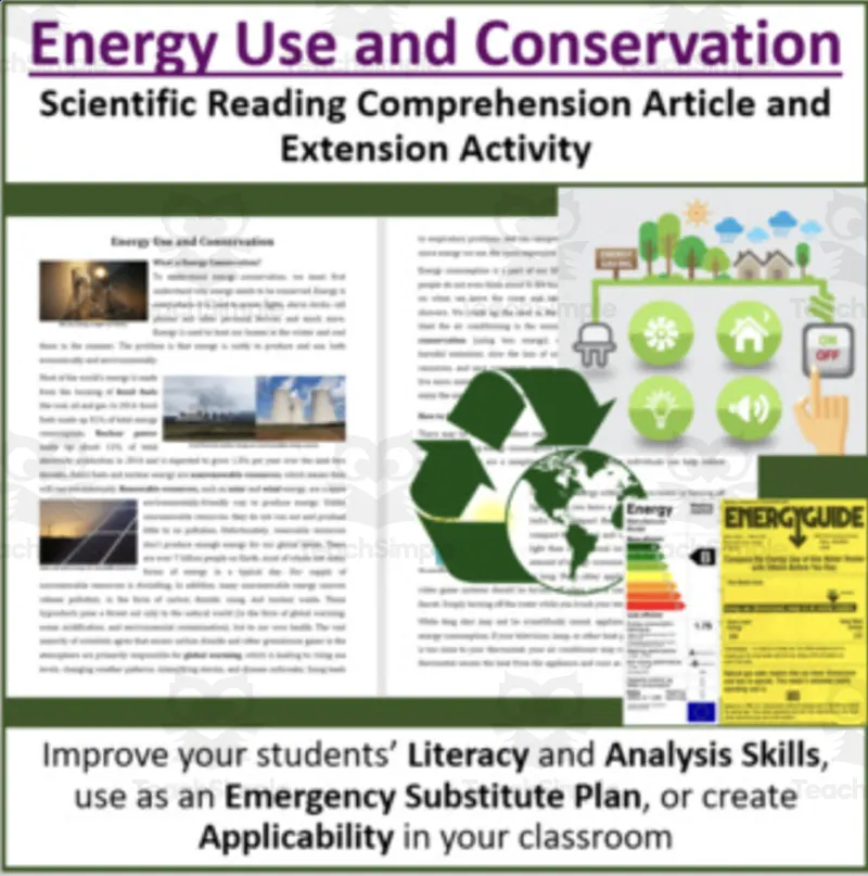 Energy Use and Conservation Reading Comprehension Article by Teach Simple