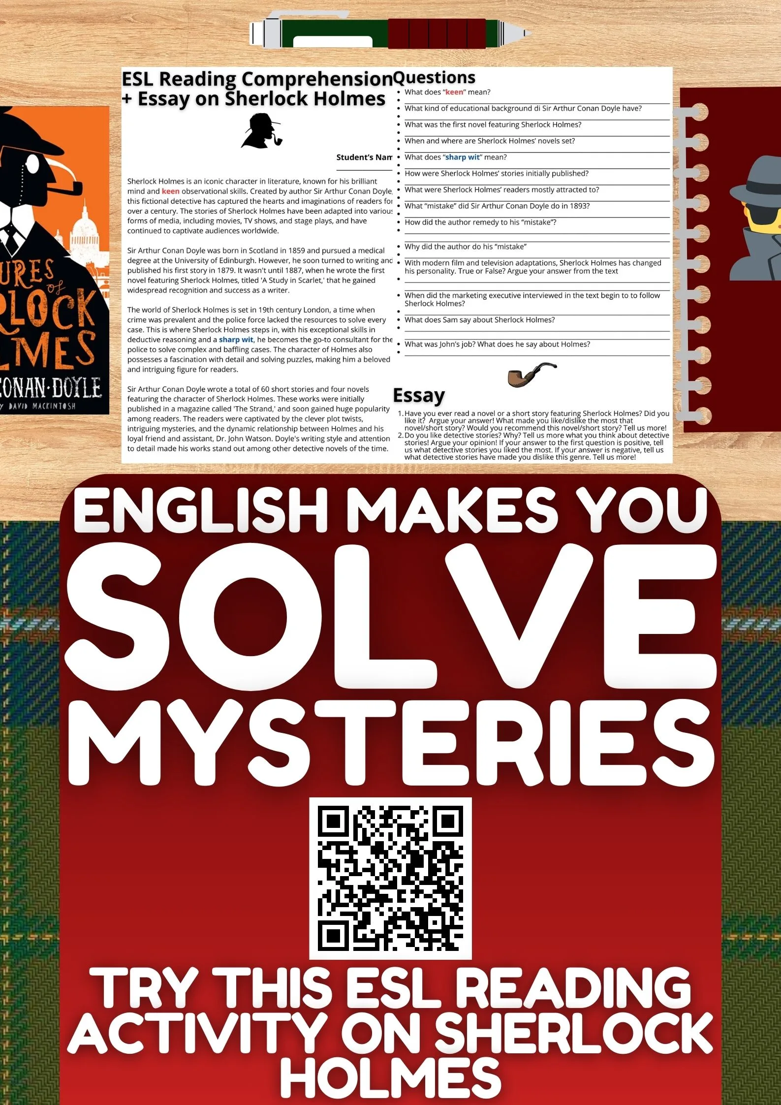 ESL Reading Comprehension + Essay Worksheet on Sherlock Holmes by Teach ...