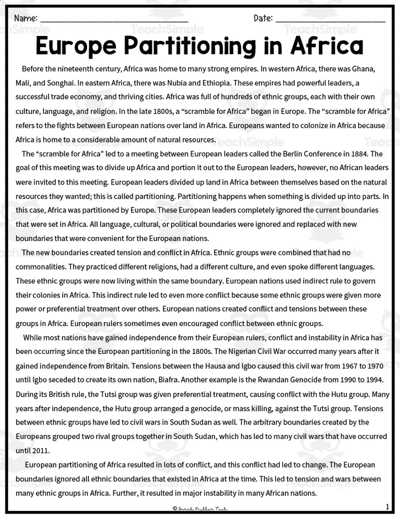 Europe Partitioning in Africa Reading Packet by Teach Simple