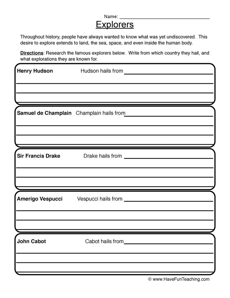 Explorers Worksheet by Teach Simple