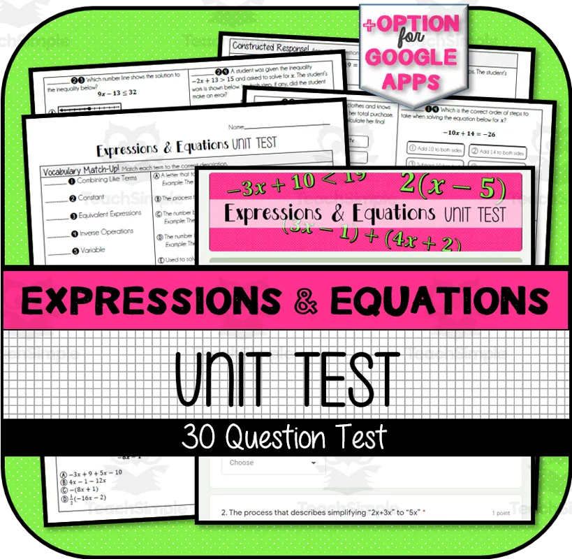 Expressions & Equations UNIT TEST by Teach Simple
