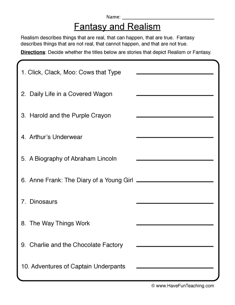Fantasy and Realism Book Titles Worksheet by Teach Simple