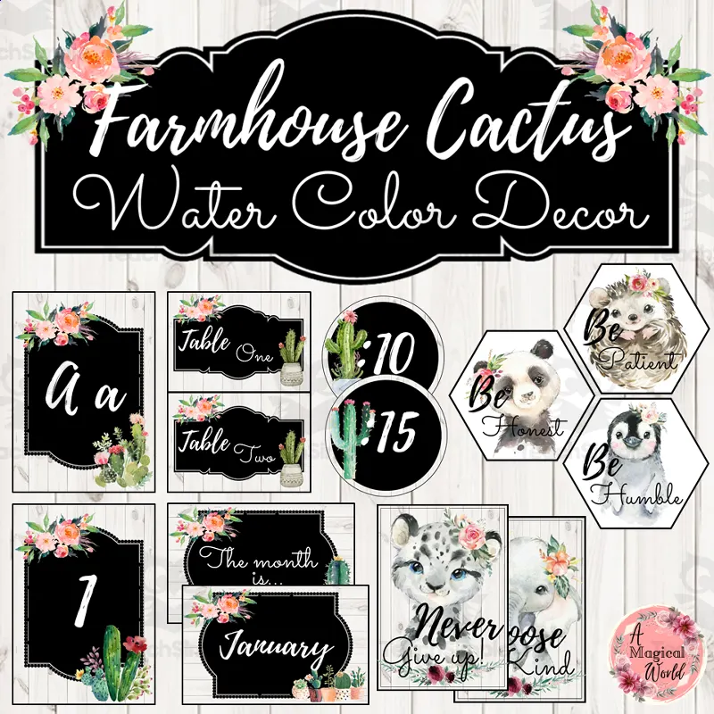Farmhouse Watercolor Cactus & Succulent Classroom Decor - Watercolor ...