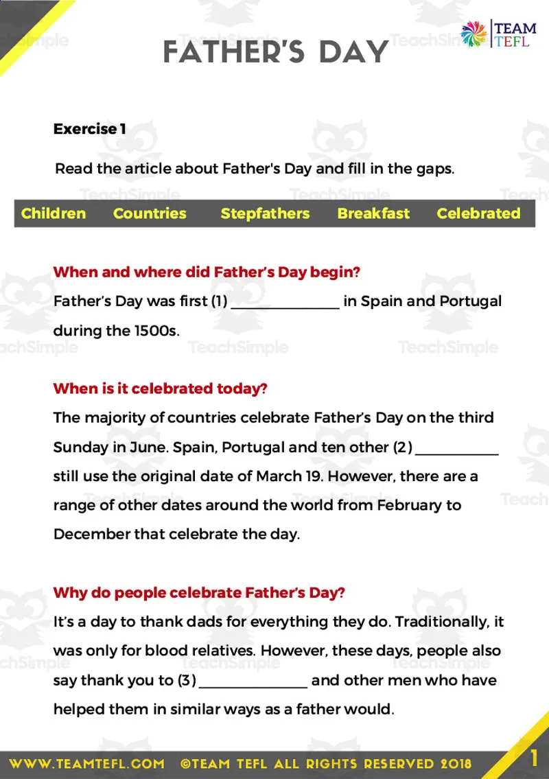 Father's Day Intermediate Reading Activities by Teach Simple