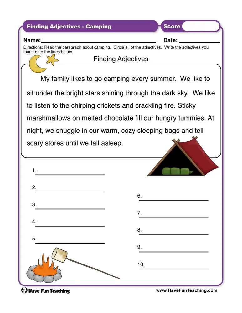 Finding Adjectives Camping Worksheet by Teach Simple