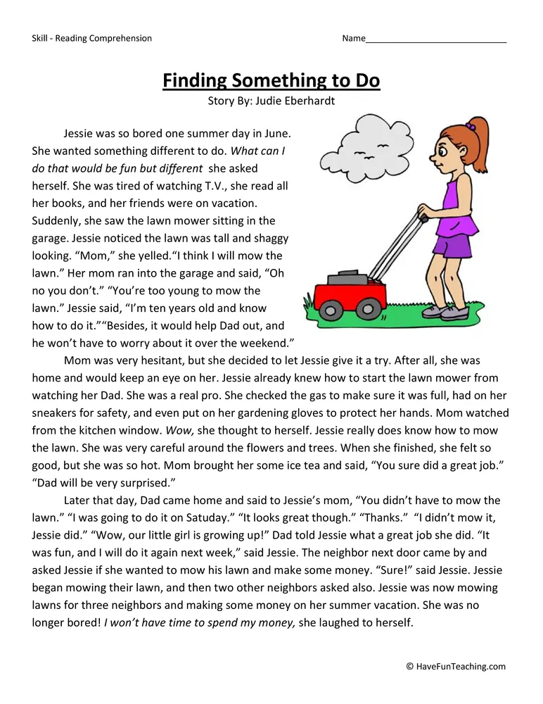 Finding Something To Do - Reading Comprehension Worksheet by Teach Simple