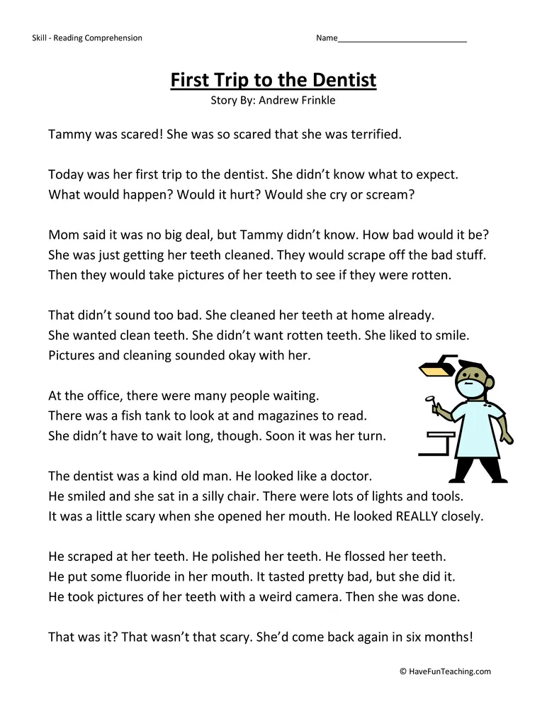 First Trip to the Dentist - Reading Comprehension Worksheet by Teach Simple