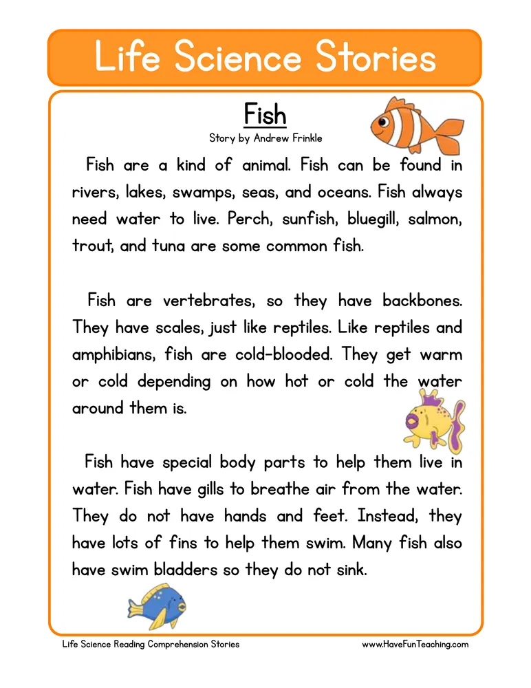 Fish Life Science Reading Comprehension Worksheet by Teach Simple