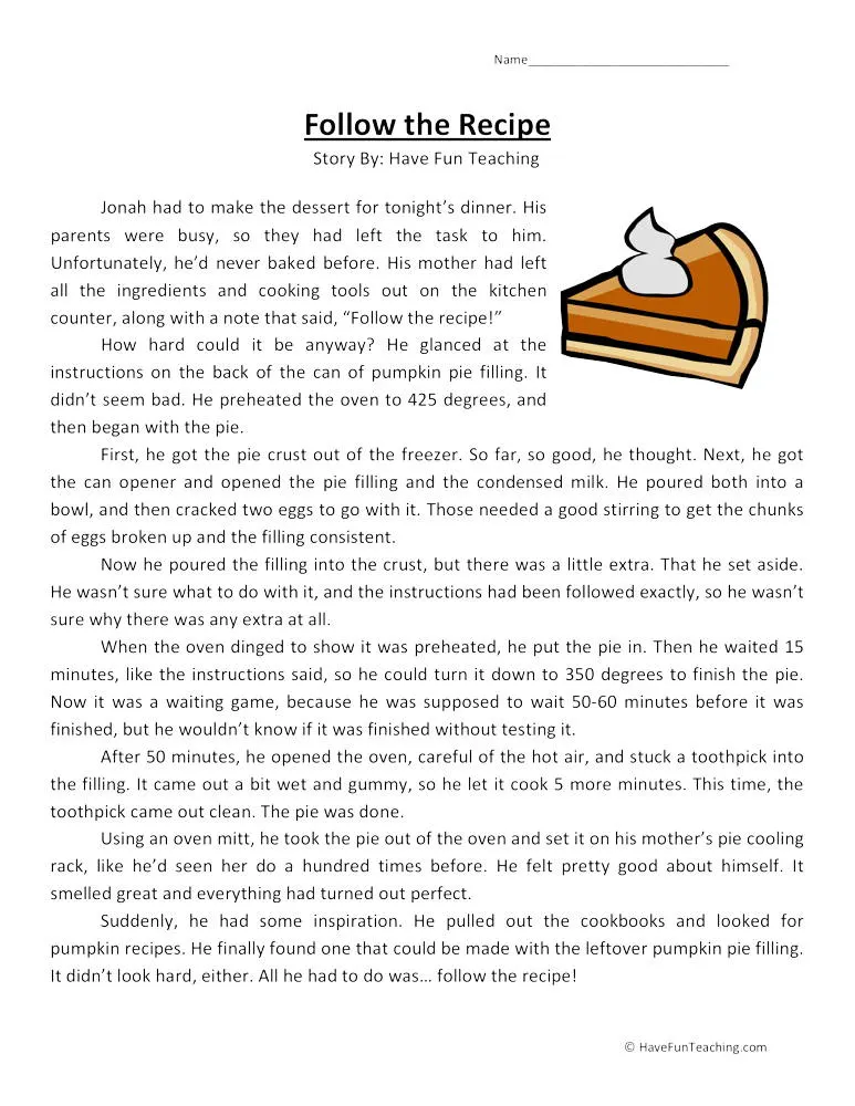 Follow the Recipe Reading Comprehension Worksheet by Teach Simple
