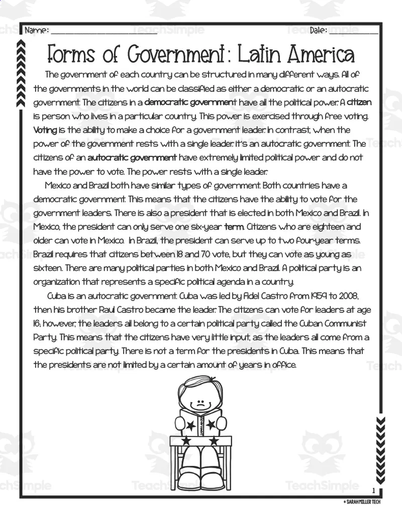 Forms of Government in Latin America Reading Packet by Teach Simple