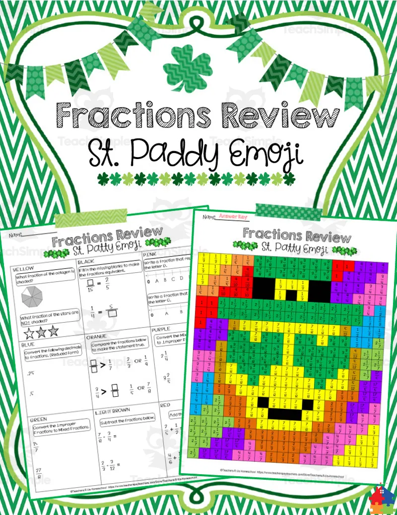 Fractions Review | St. Paddy's Emoji Math by Teach Simple