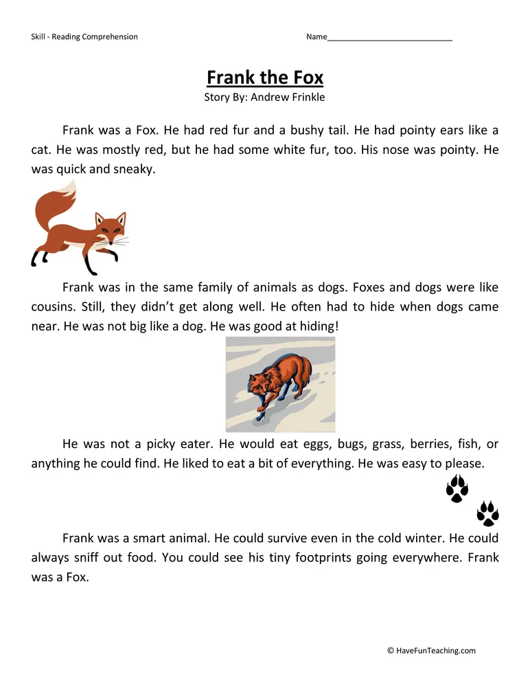 Frank the Fox - Reading Comprehension Worksheet by Teach Simple