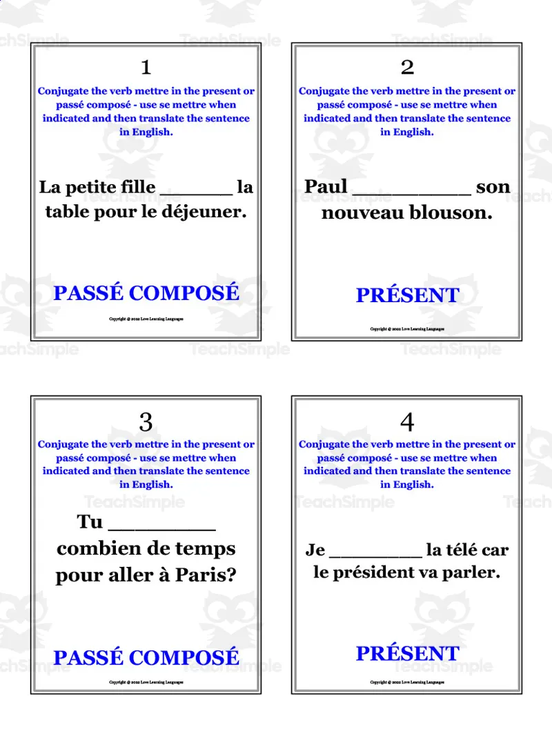 French: 12 Ways to Use "METTRE" | Practice Card Set by Teach Simple