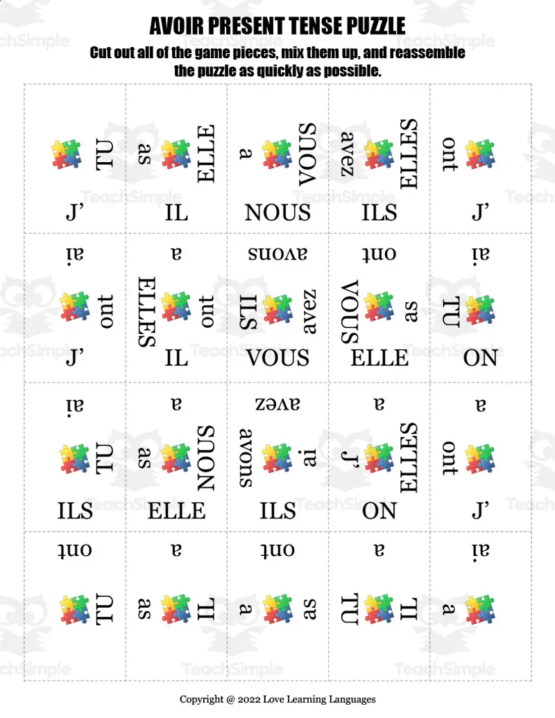French: Avoir Present Tense Puzzle by Teach Simple