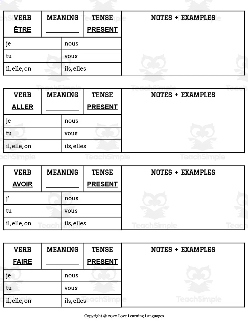 French: Conjugation Tables: Irregular Verbs - Present by Teach Simple