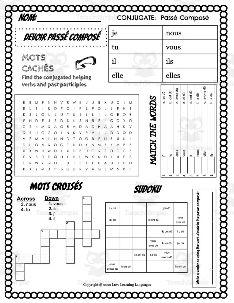 French: DEVOIR Conjugation Worksheet by Teach Simple