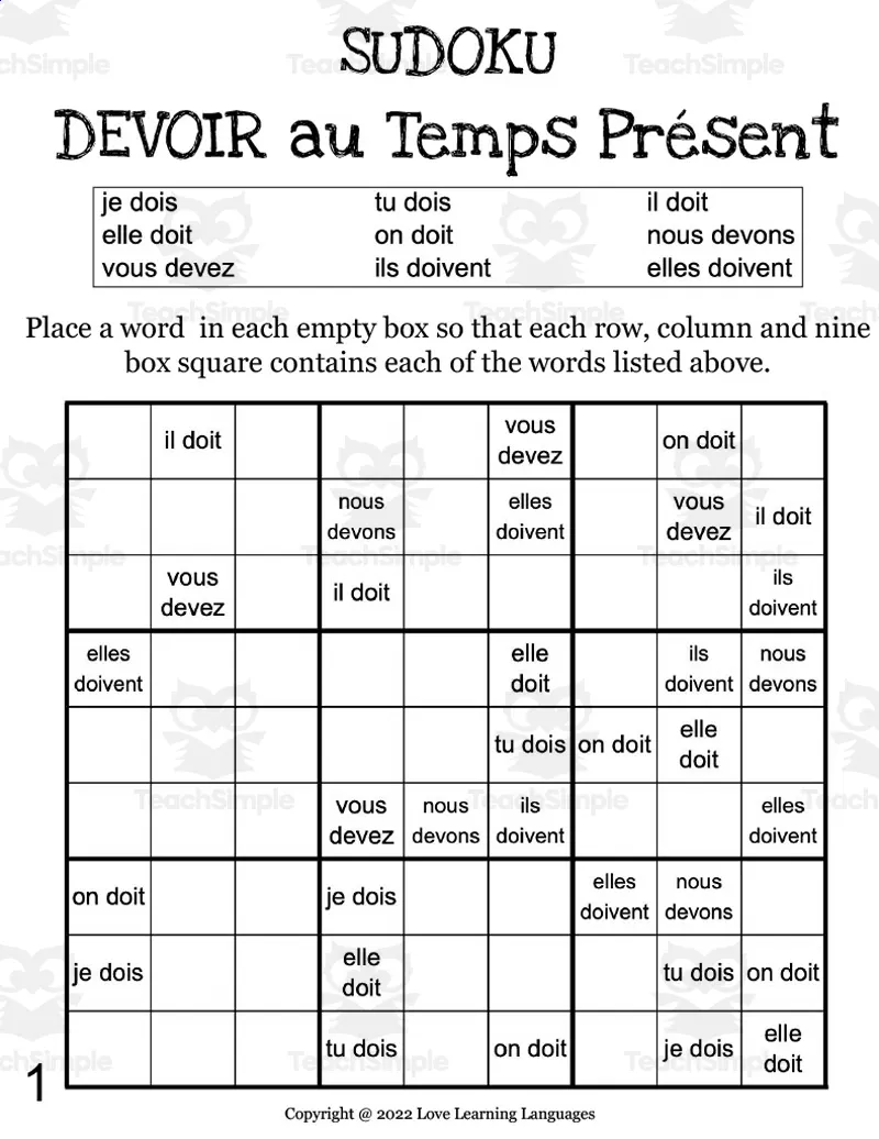 French: DEVOIR Present Tense Sudoku by Teach Simple