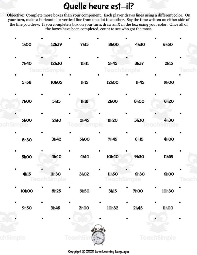 French: Dots and Boxes Game - 12 Hour Clock by Teach Simple