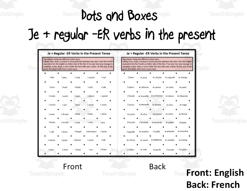 French: Dots and Boxes- Grammar- Je + Regular -ER verbs in the Present ...