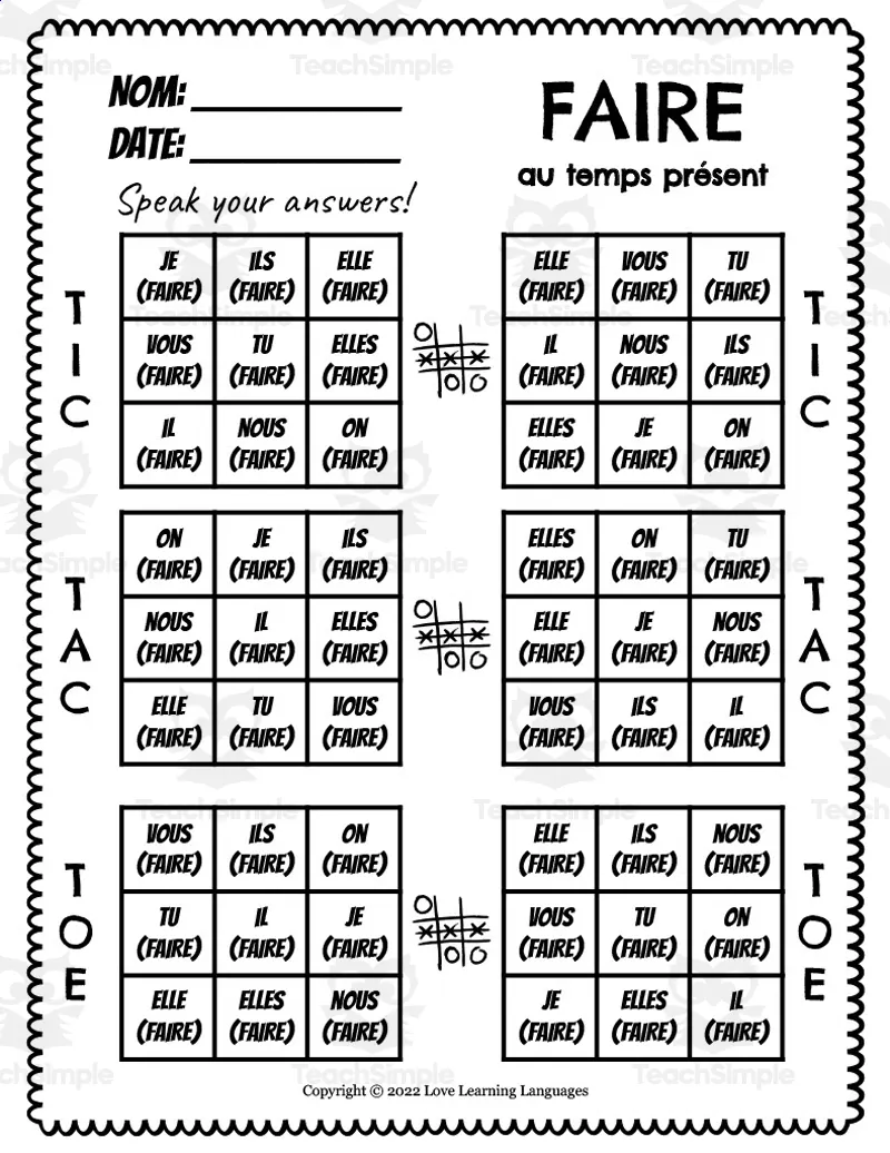 French: Faire Present Tense Tic Tac Toe Game by Teach Simple