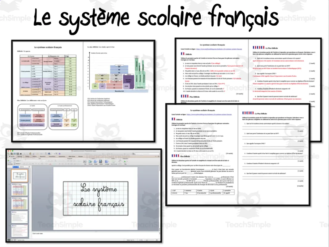 French: le système scolaire- Article and Worksheet by Teach Simple