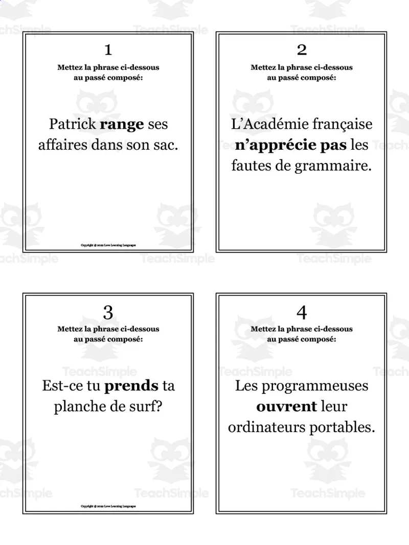 French: Perfect Tense Practice Cards by Teach Simple