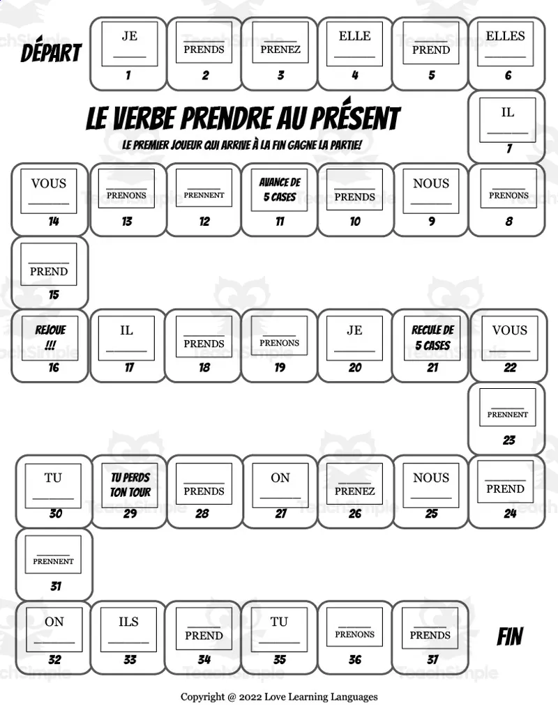 French: Prendre Conjugation Board Game - Present Tense by Teach Simple