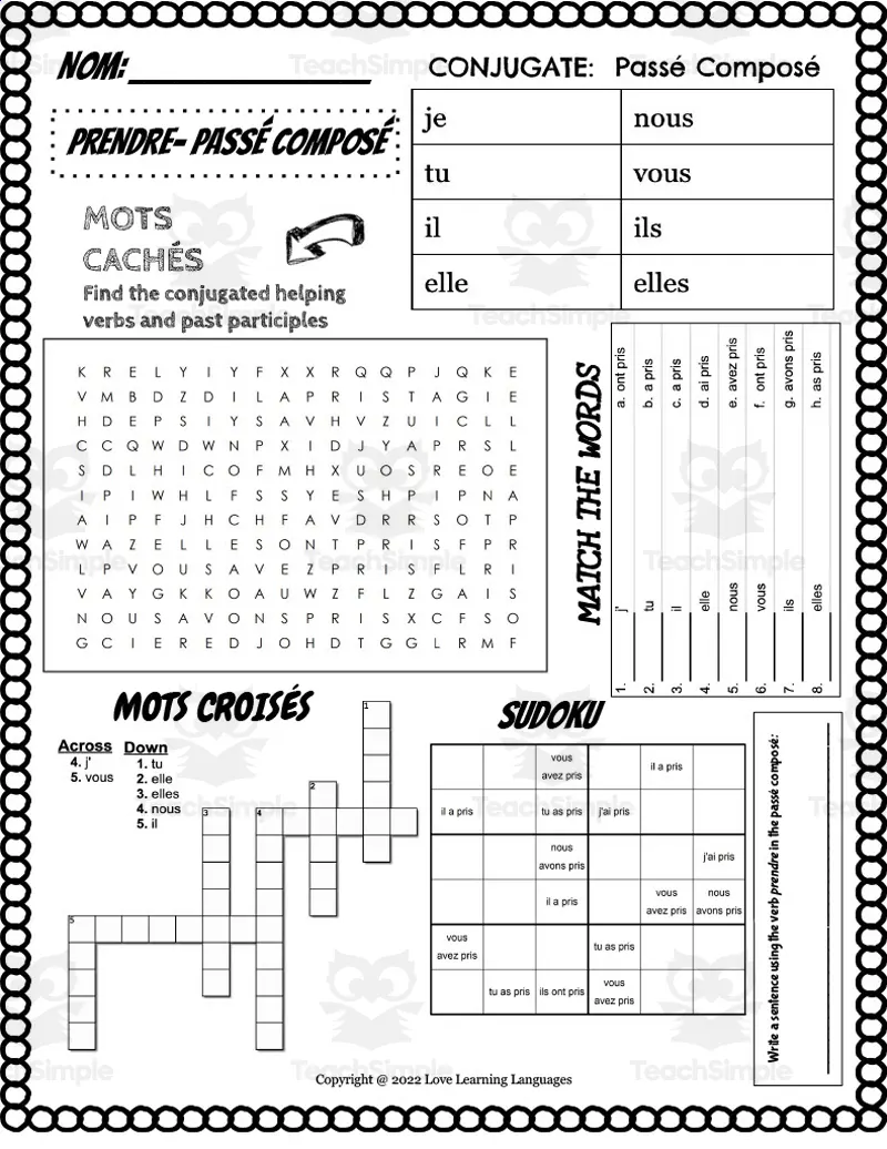 French: Prendre Conjugation Worksheet by Teach Simple