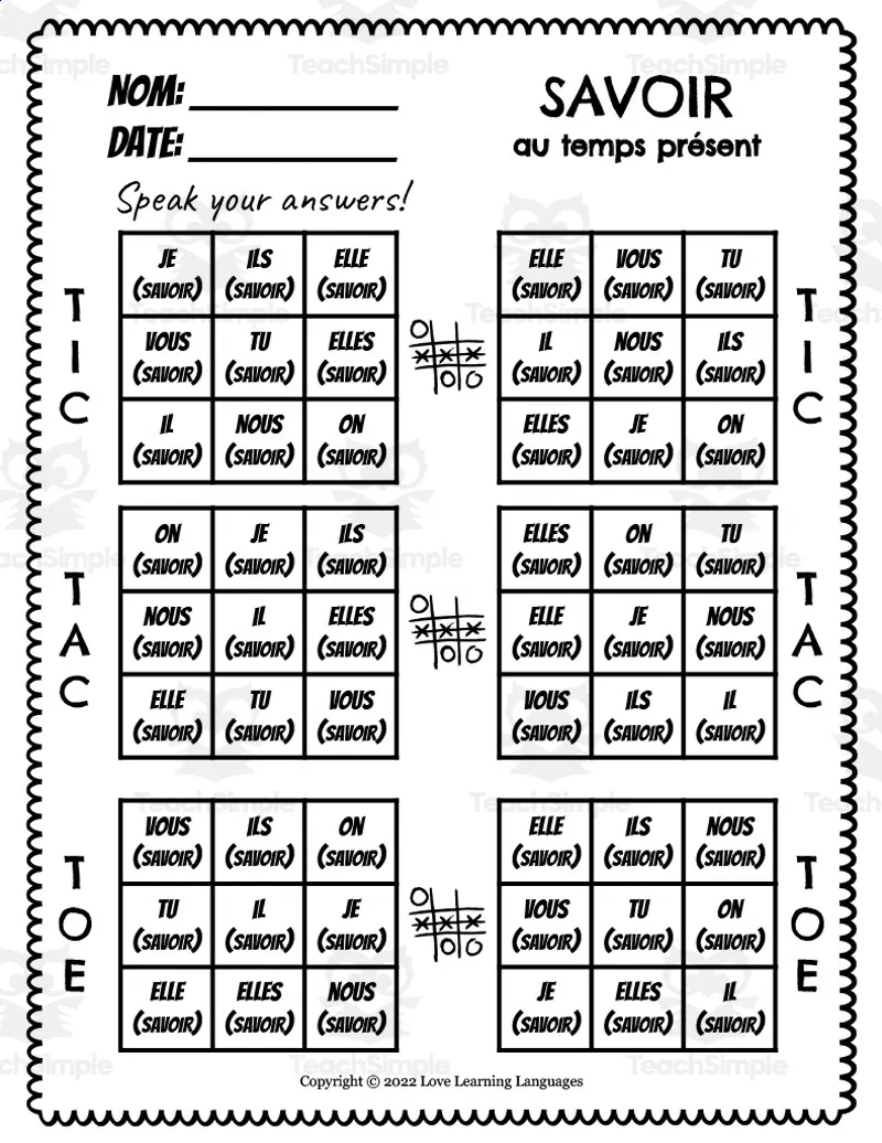 French: SAVOIR Present Tense Tic Tac Toe Game by Teach Simple