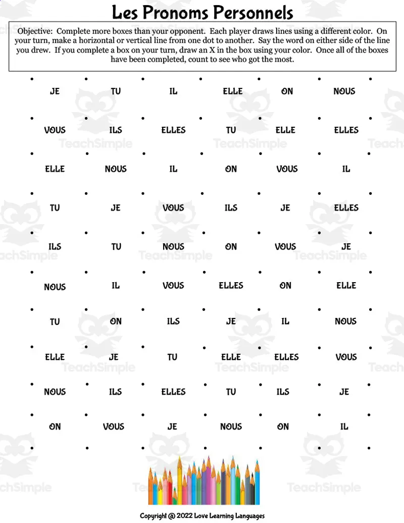 French: Subject Pronouns Worksheet by Teach Simple