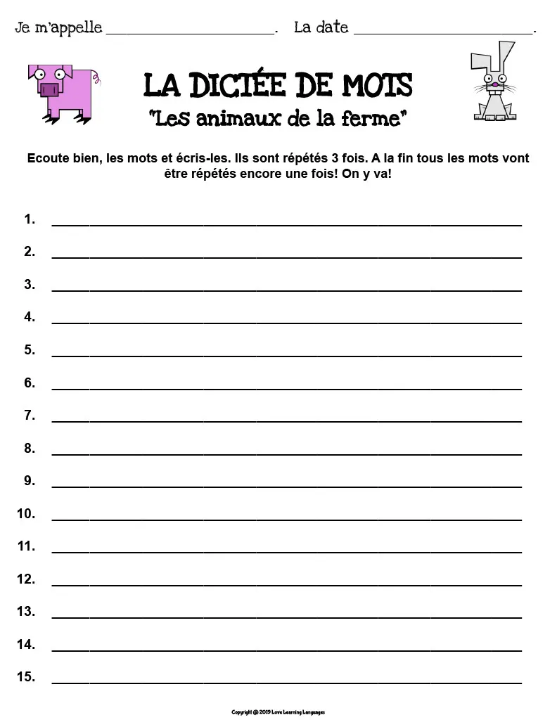 French: The Dictation of Words - Farm Animals by Teach Simple