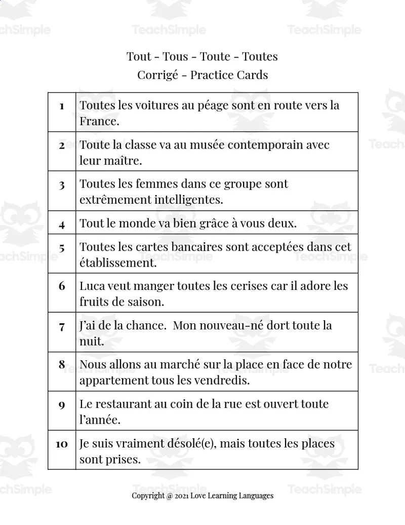 French: Tout Adjective Practice Cards by Teach Simple