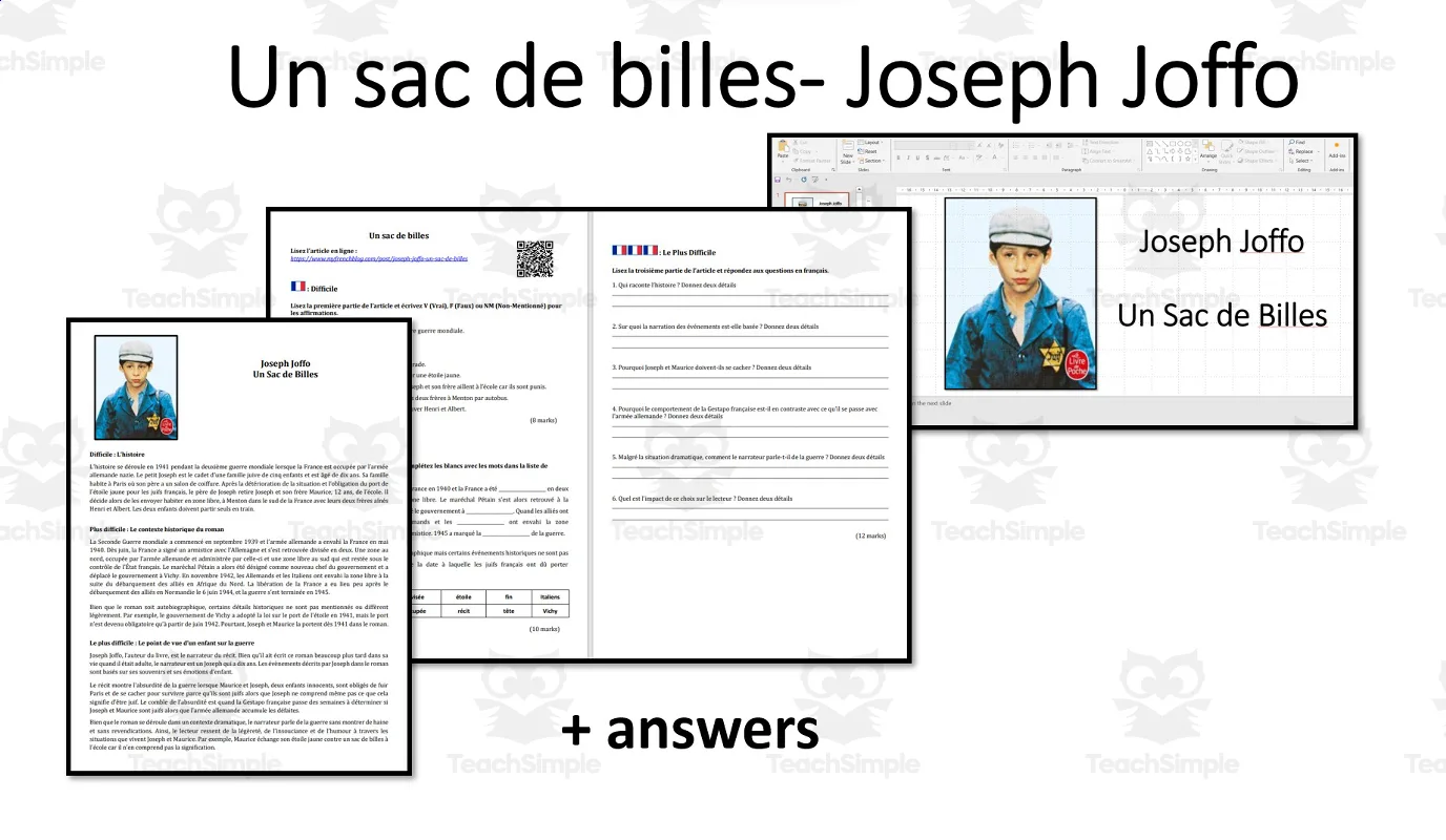 French: Un Sac de Billes- Joseph Joffo- Article and Worksheet by Teach ...