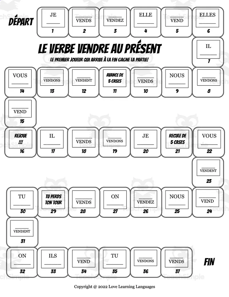 French: Vendre Conjugation Board Game - Present Tense by Teach Simple
