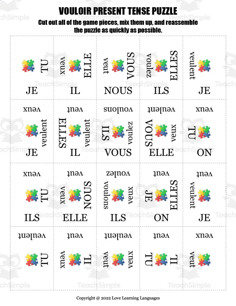 French: VOULOIR Present Tense Puzzle by Teach Simple