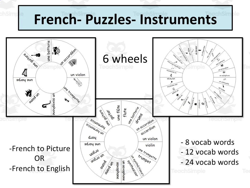 French- Wheel Puzzles- Instruments by Teach Simple