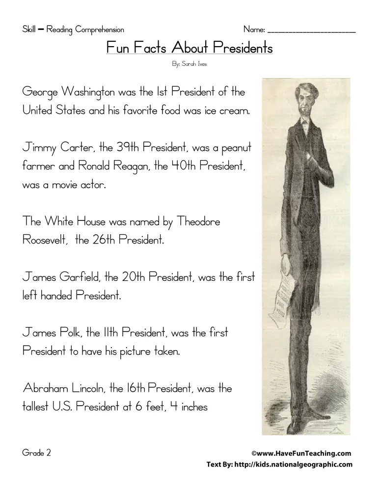 Fun Facts About Presidents - Reading Comprehension Worksheet by Teach ...