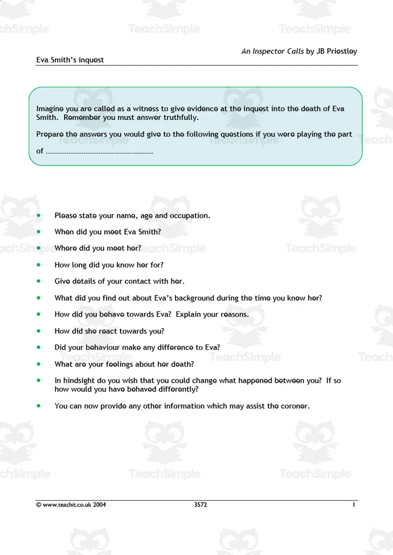 GCSE Literature: An Inspector Calls | Eva Smith's Inquest Worksheet by ...