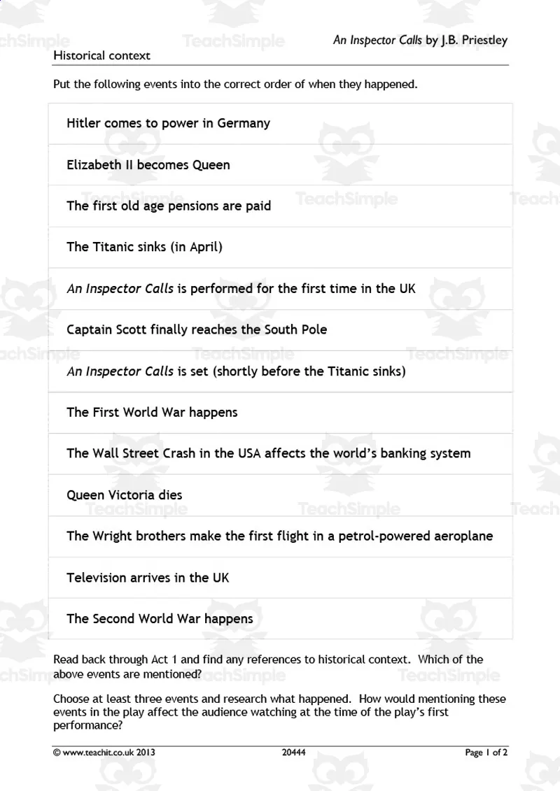GCSE Literature: An Inspector Calls | Historical Context Worksheet by ...