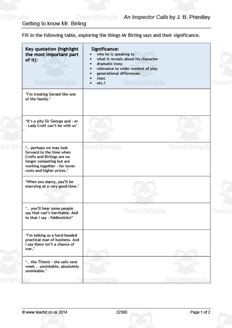 GCSE Literature: An Inspector Calls | Mr. Birling Worksheet by Teach Simple