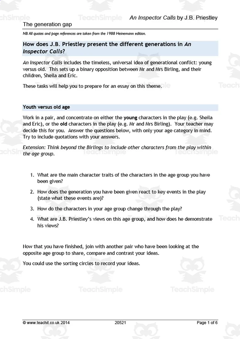 GCSE Literature: An Inspector Calls | The Generation Gap Worksheet by ...