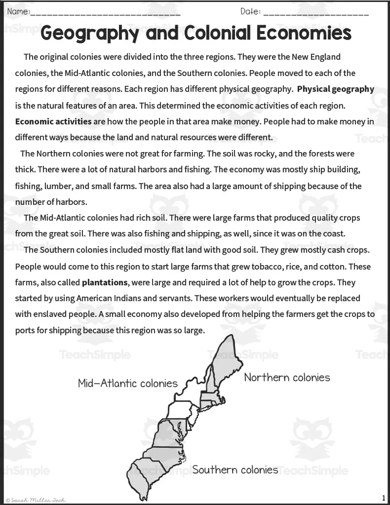 Geography of the Colonies Reading Packet by Teach Simple