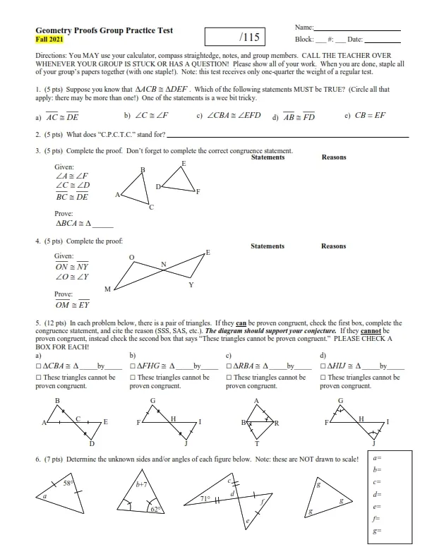 Geometry Proof Practice Test with answer key by Teach Simple