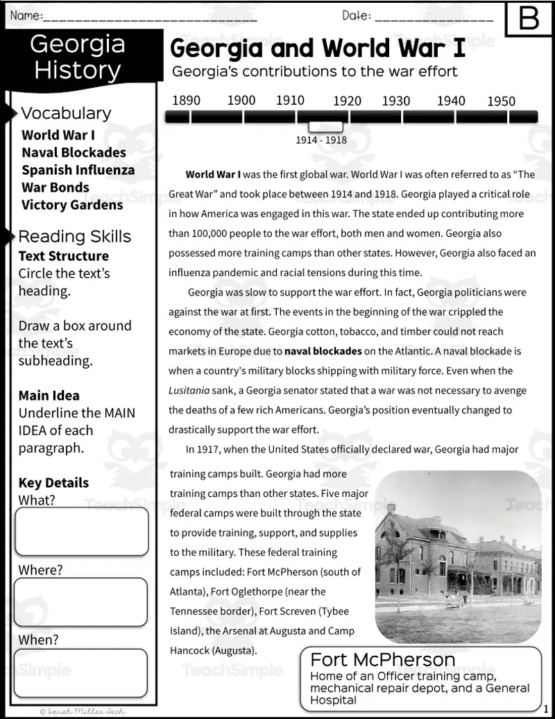 Georgia's Contribution to World War I Reading Packet by Teach Simple