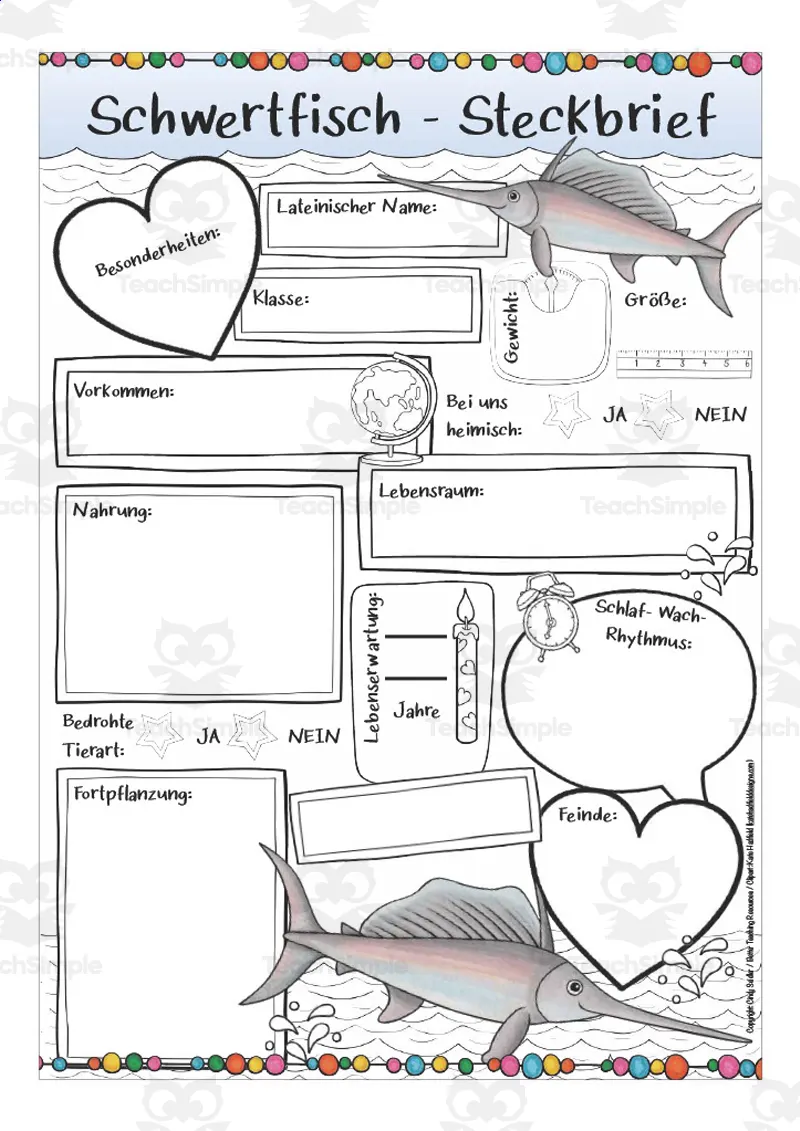 German: Animal Characteristics Worksheet - Swordfish Printable by Teach ...