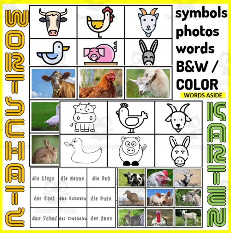 German Vocabulary Match to Sample Memory Boards FARM ANIMALS by Teach ...